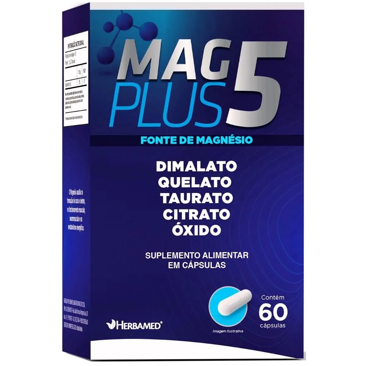 MAG PLUS 5 FONTE DE MAGNéSIO SUPLEMENTO ALIMENTAR COM 60 CAPSULAS - HERBAMED